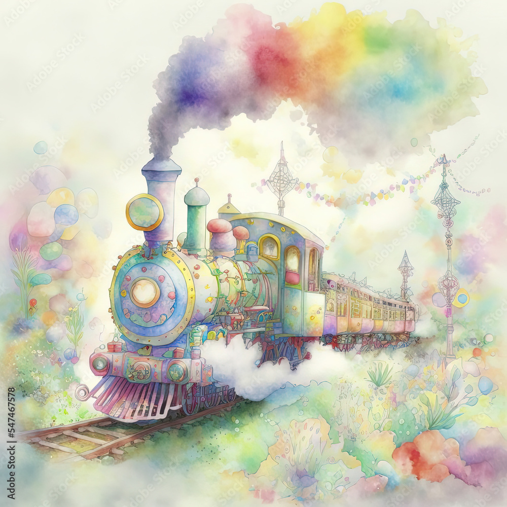watercolor train with pastel rainbow smoke and cartoon like quality ...