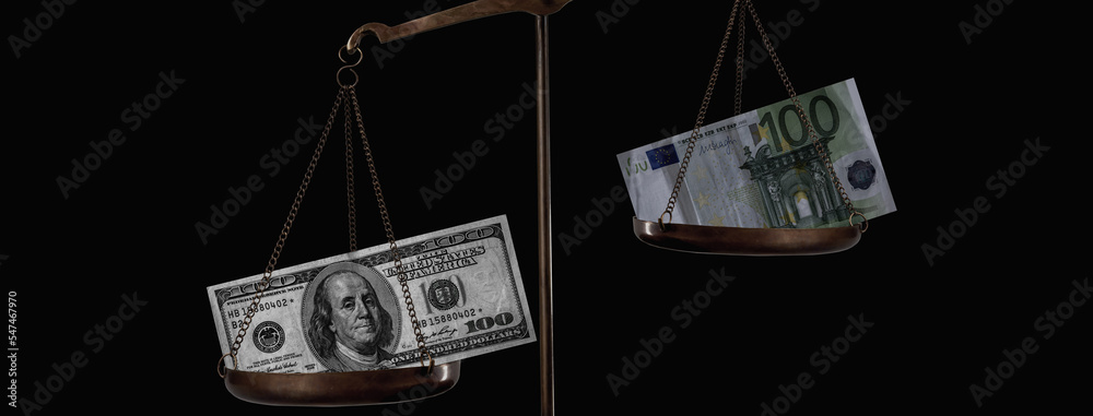 US Dollar bill and Euro bancnote signs on antique mechanical weighing ...