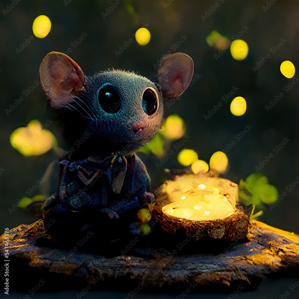 3D Render of a Mouse Adventurer Sitting at a Tiny Campfire on a Stump ...