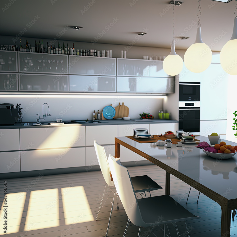 Midjourney render of mockup modern white kitchen Stock Illustration ...