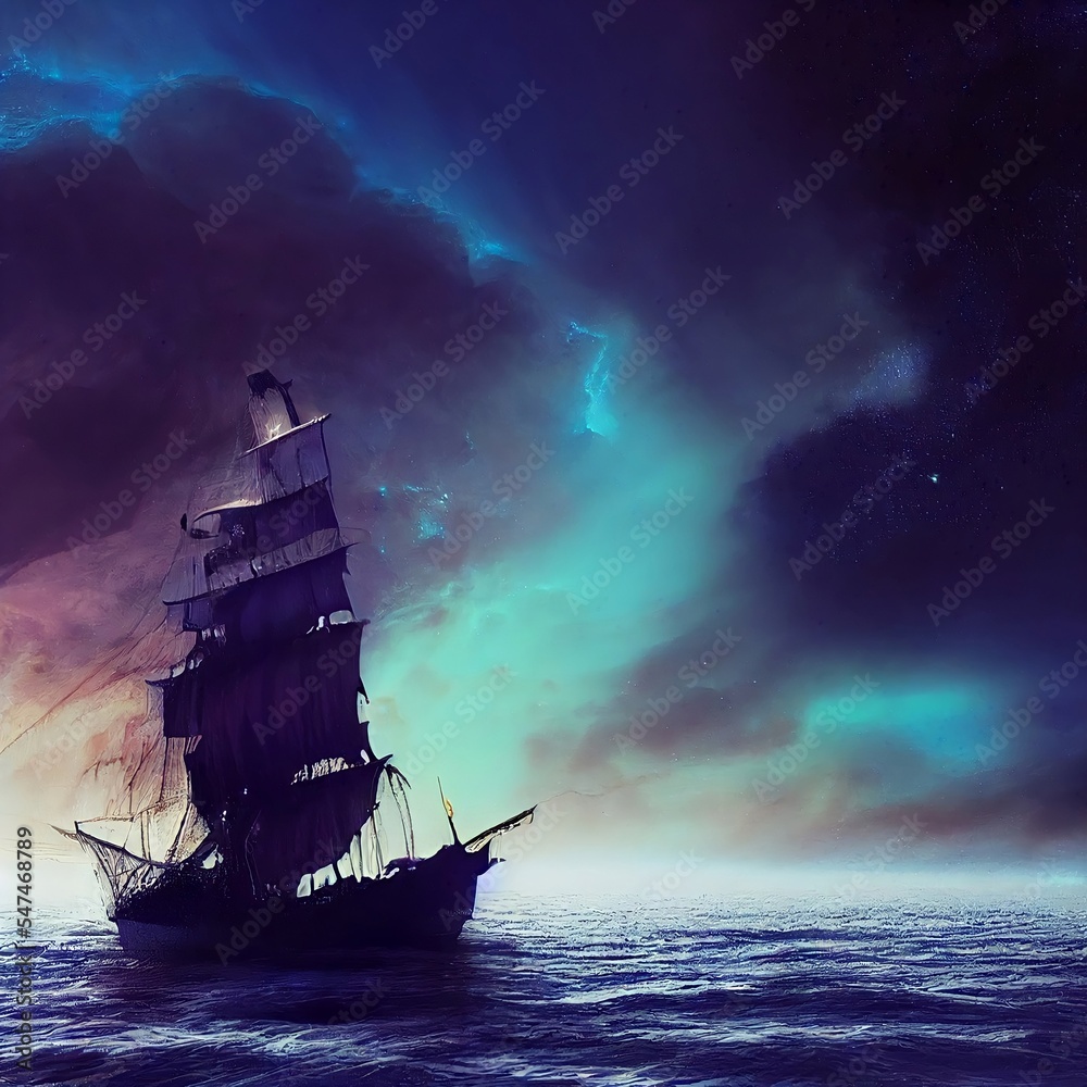 A Ghost Ship Sailing Under Magical Aurora. Pirate Ship under Magical ...