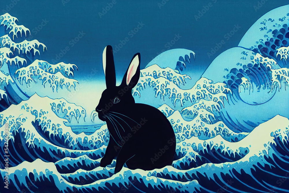 Black rabbit in the blue ocean waves, Japanese Hokusai style, AI ...