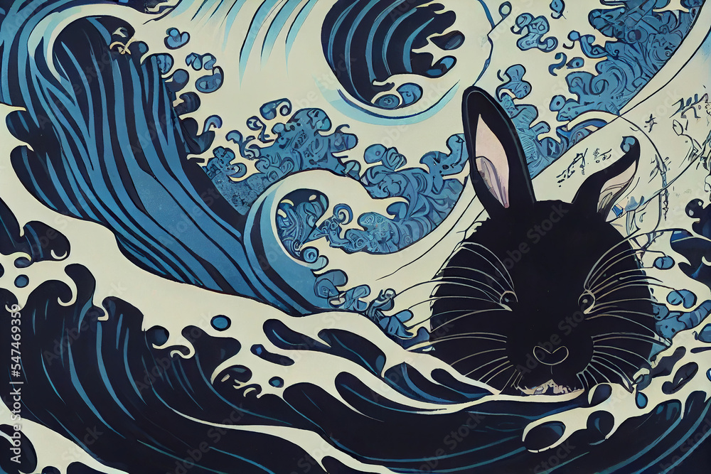 Black rabbit in the great ocean waves, black water rabbit, Japanese ...