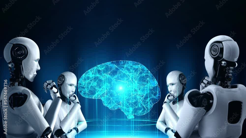 Video Stock Thinking AI hominoid robot analyzing hologram screen ...