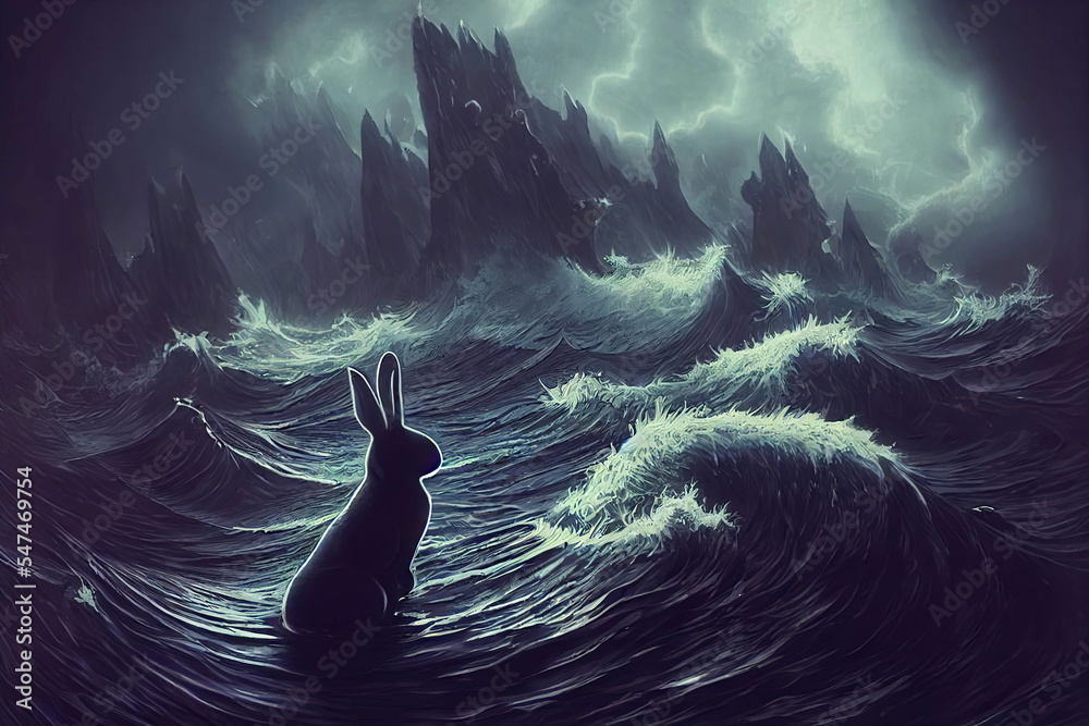 Black rabbit in the sea waves in the background of rocks and dark ...