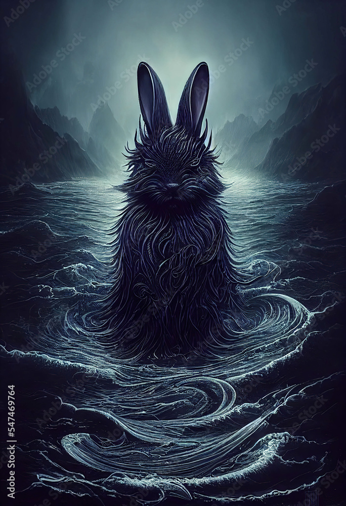Black fluffy rabbit in dark water, water swirls, fantasy art, Year of ...