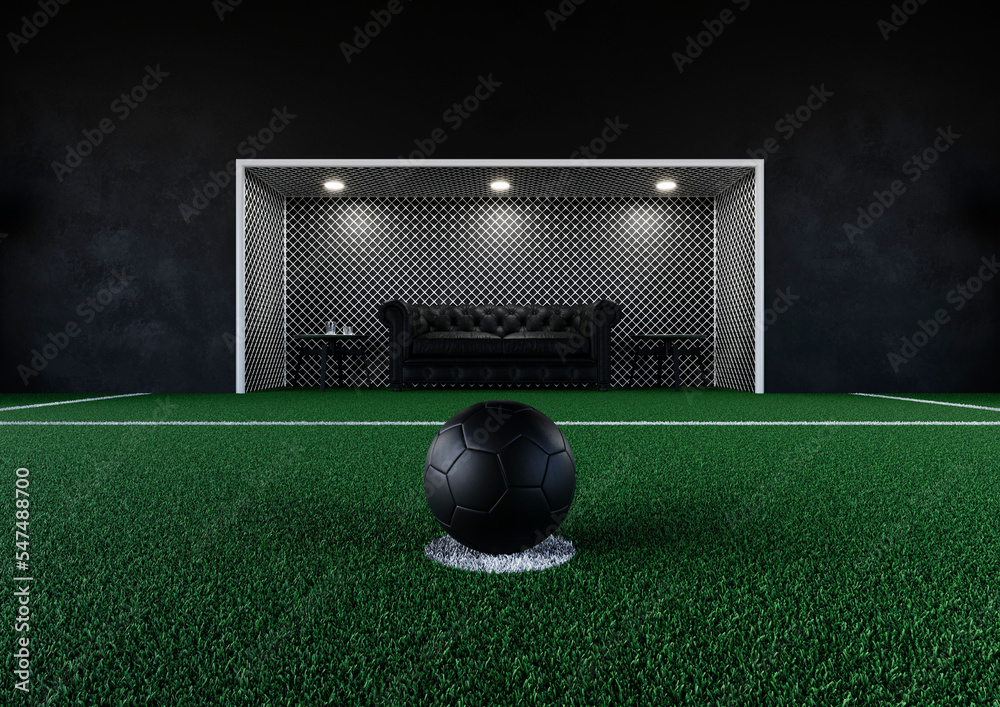 Black leather football on penalty spot, with goal and net in background ...
