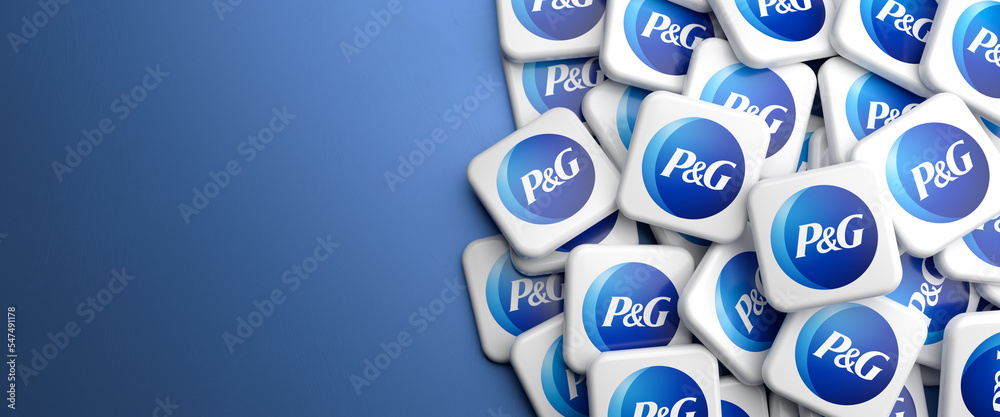 Logos of the consumer goods company"Procter & Gamble" on a heap on a ...