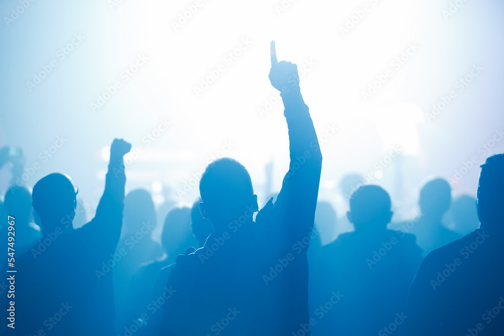 Silhouette of concert crowd raving on dance floor in night club. Music ...