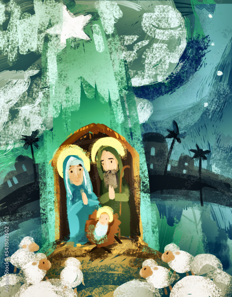 cartoon illustration of the holy family traditional scene Stock ...