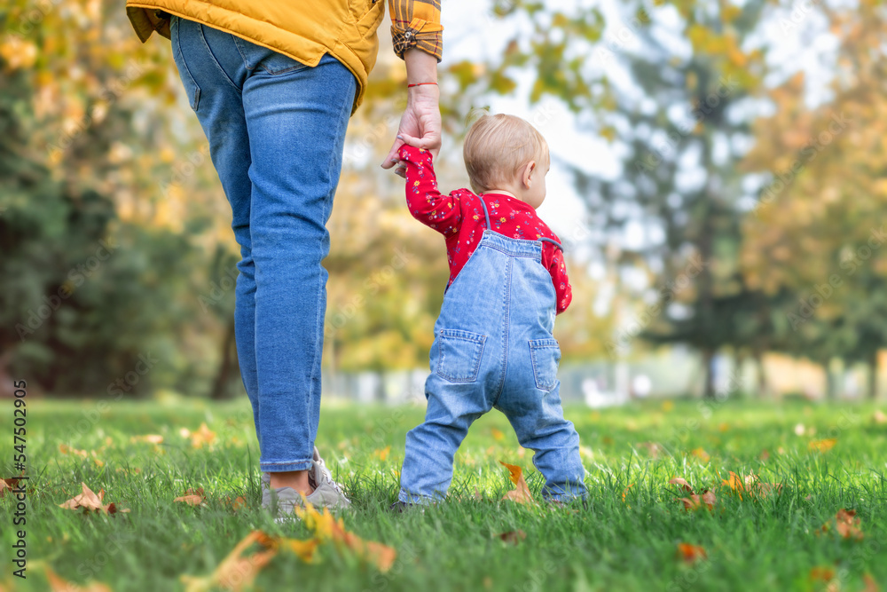 Young mother teaching her little child to walk. Little baby first steps ...