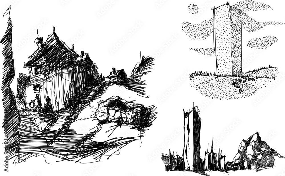 three hand drawn architectectural sketches of strange fantastic ...