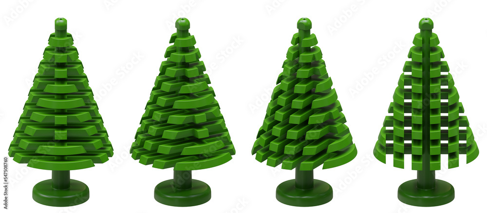 set of plastic pine trees from different angles, 3d rendering ...