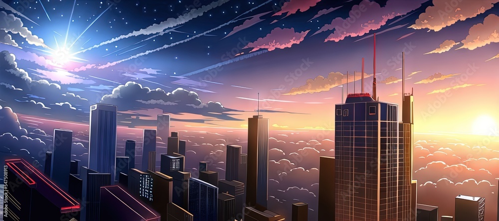 Art for anime series. Cyber City. Sunset. Cloud. AI generated art ...