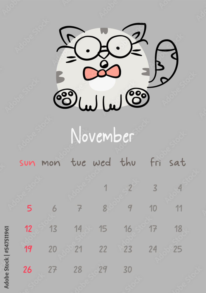 Vertical vector calendar for november 2023 with cartoon grey cat. Funny ...