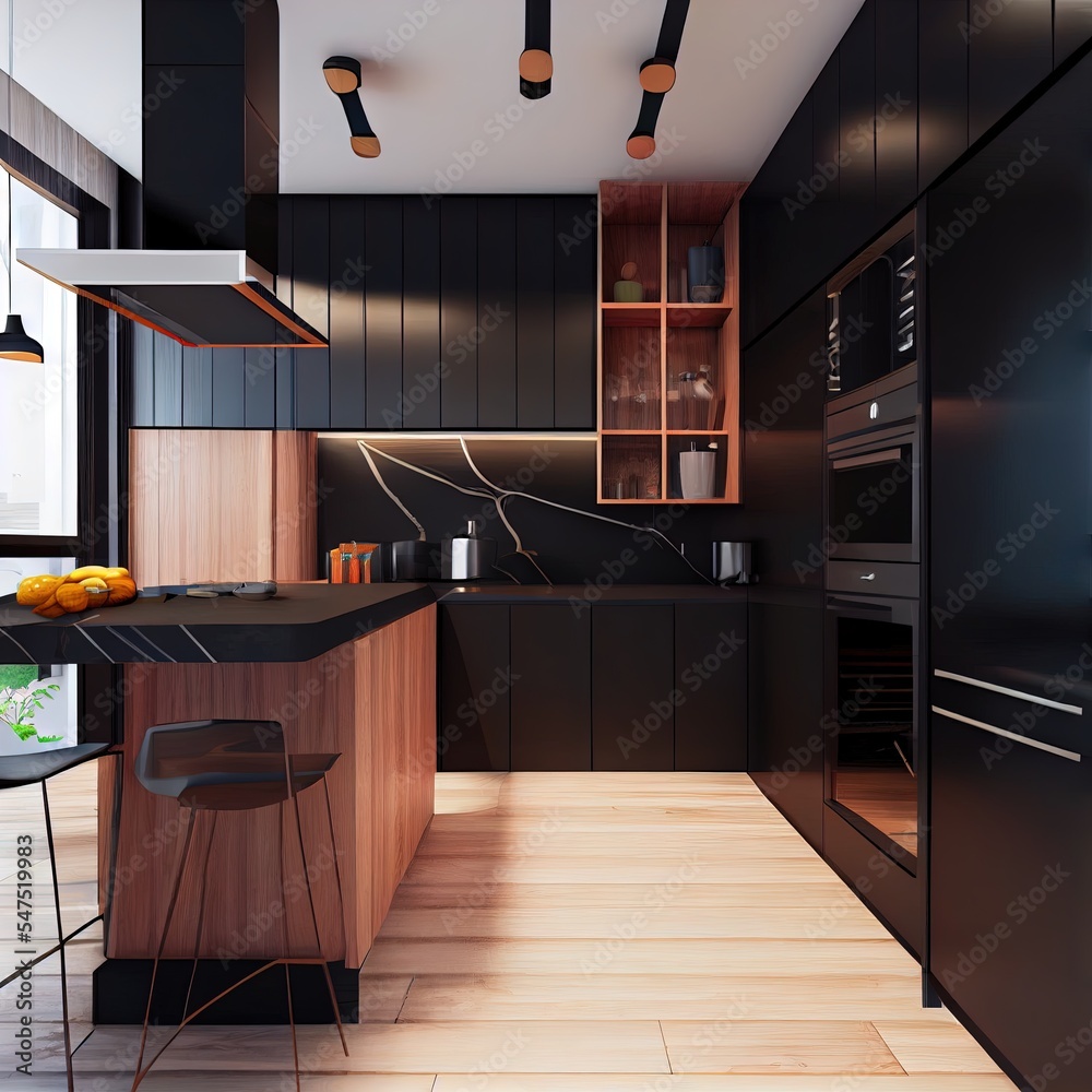 3d rendering modern black kitchen with wood built in Stock Illustration ...