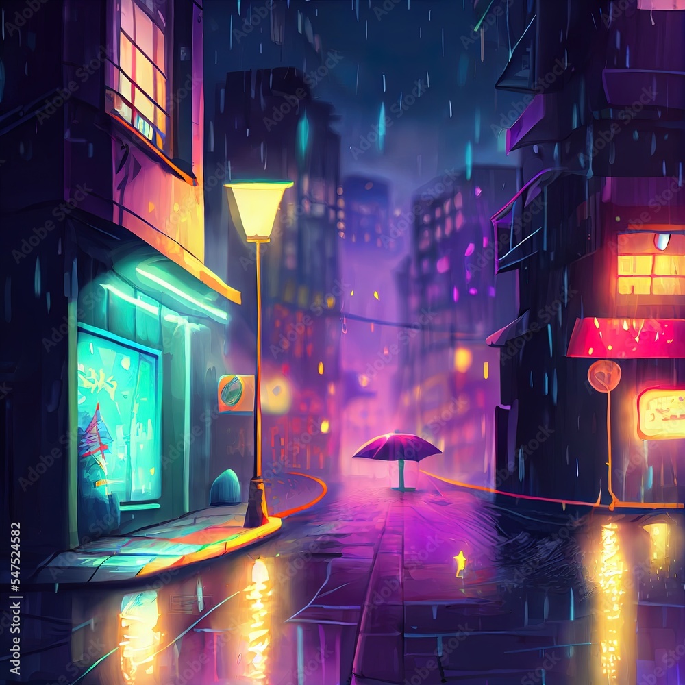 Raining Night of City with Colorful Light Reflection. Fantasy Backdrop ...