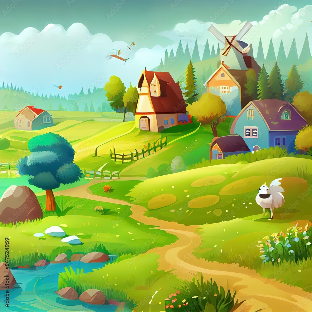 cartoon background village nature with field Stock Illustration | Adobe ...