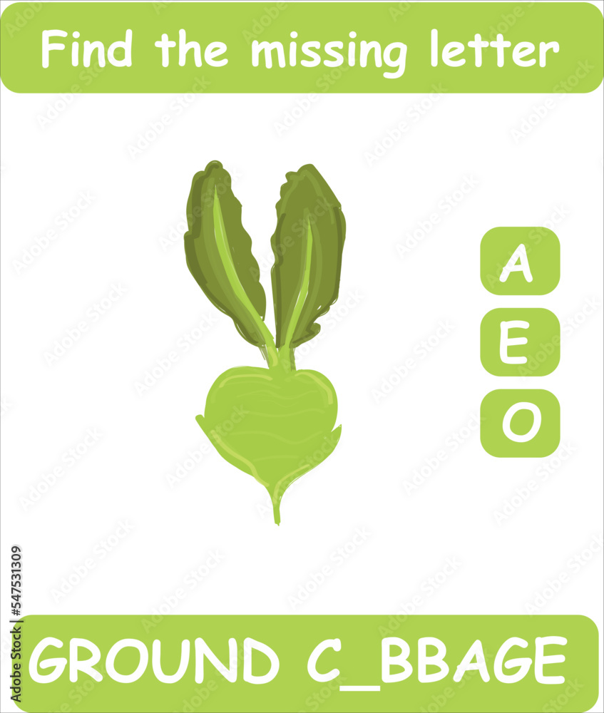 Find the missing letter. Hand drawn ground cabbage. Learning english ...