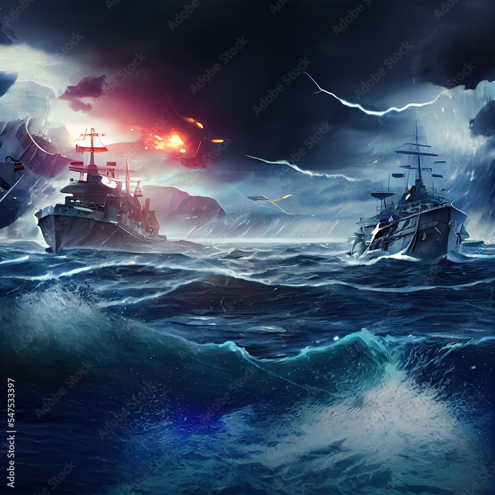 Great Sea War with Ships. Warship in the Ocean Storm. Fantasy Backdrop ...