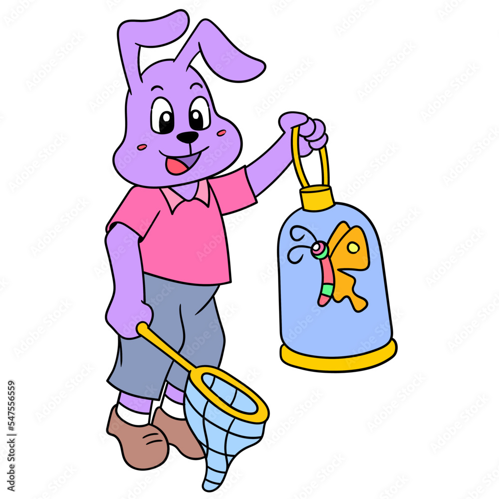 Vector illustration of a cute cartoon character catching butterflies ...