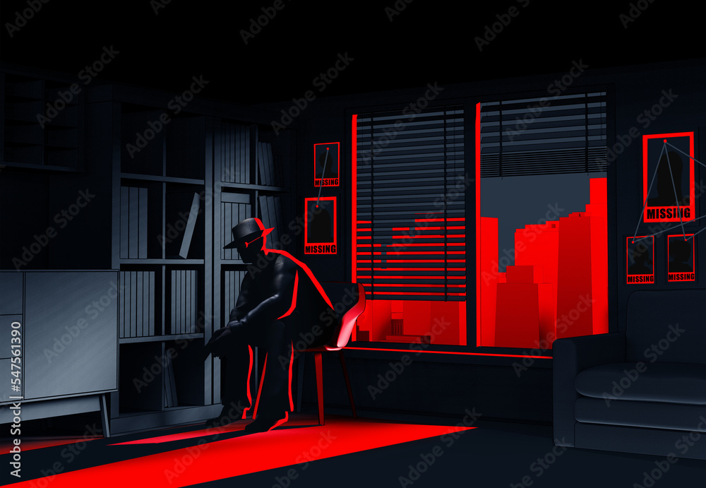 3d render noir illustration of toon crime detective with gun sitting in ...