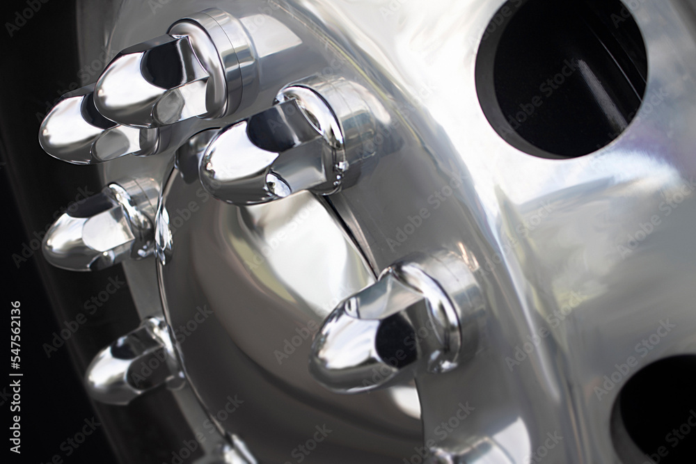 tractor trailer truck with big chrome silver wheel rim and rubber tire ...