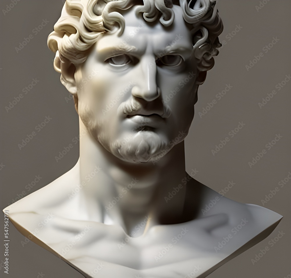 3D illustration featuring a white marble statue bust of an ancient ...
