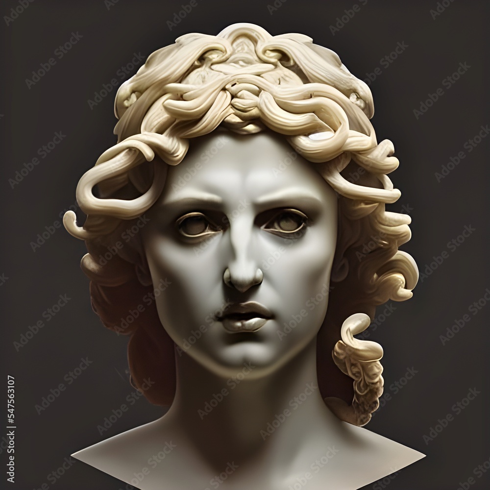 3D illustration of a white marble bust of Medusa, otherwise known as ...
