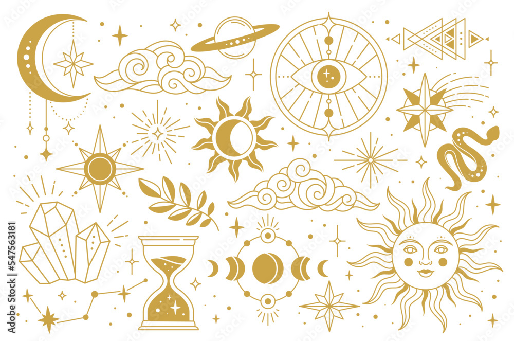 Set of esoteric symbols. Spirit stickers or icons with sun, moon ...