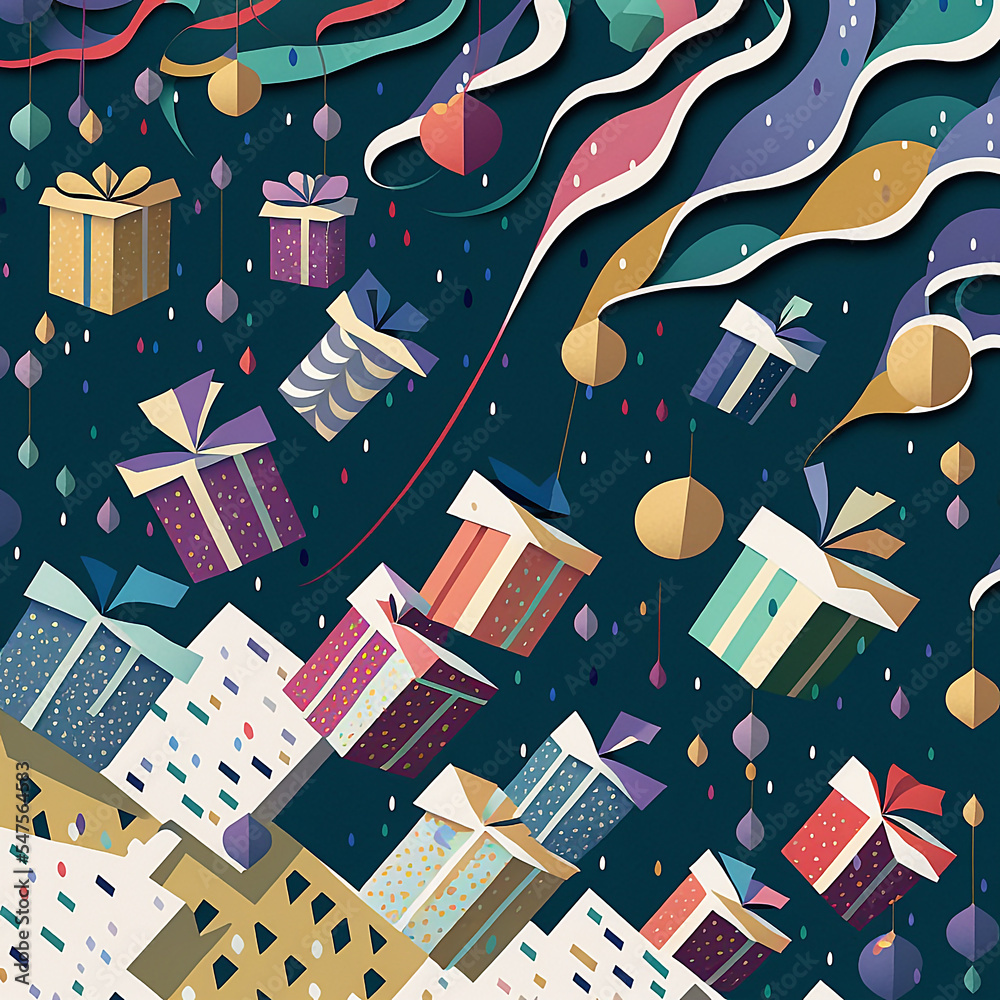 Papercraft paper cut layered illustration of presents and gifts raining ...