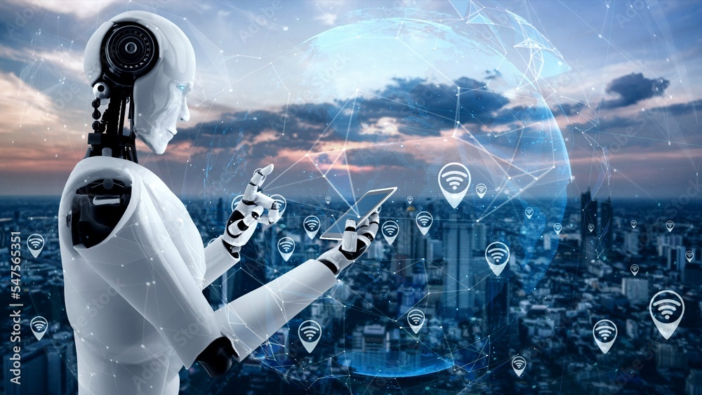 Robot hominoid use mobile phone or tablet for global network connection ...