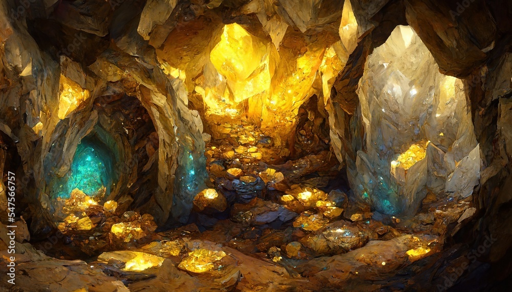 Fantasy setting gold mine tunnel with glittering gold, colorful jewels, and other minerals ...
