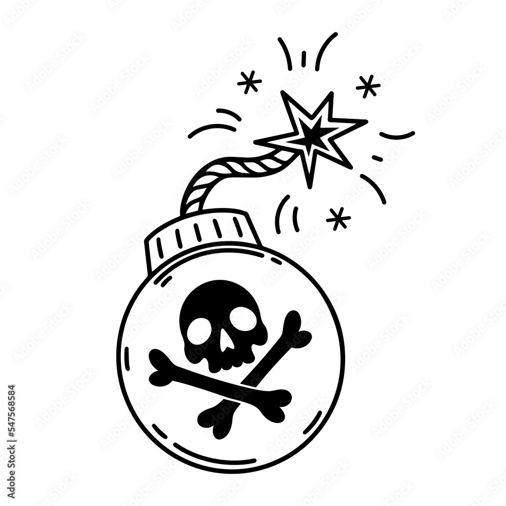 Bomb vector icon. A round metal grenade with a burning wick, with a ...