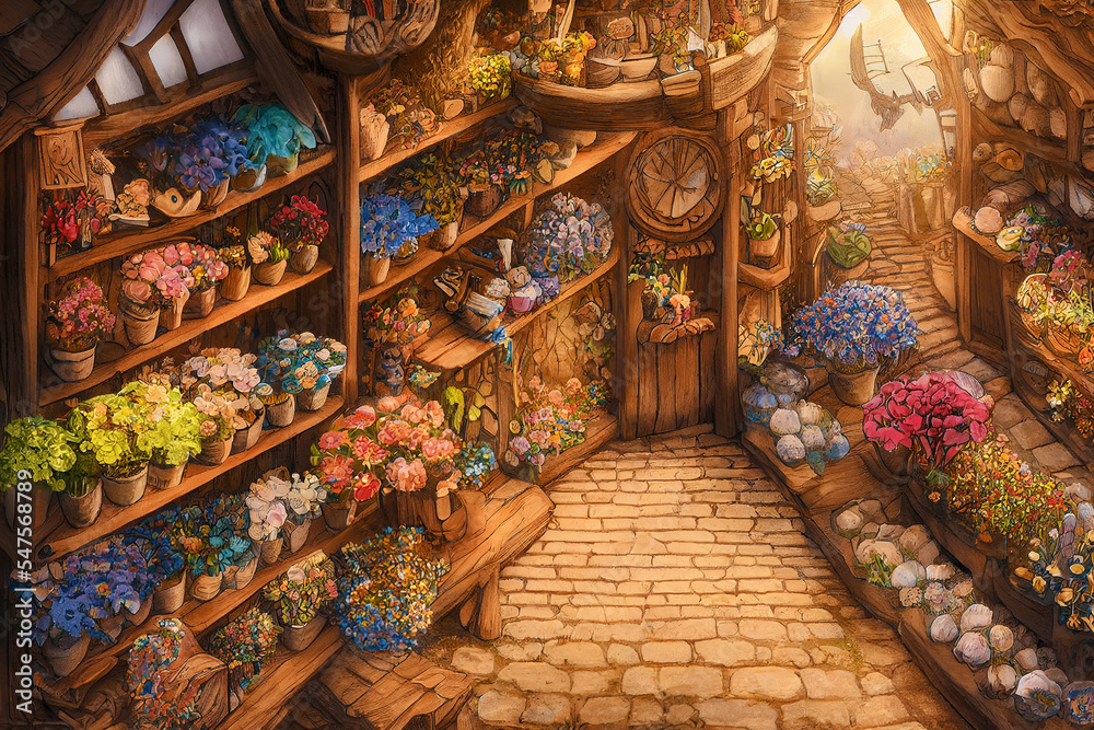 Flower shop interior in medieval fantasy setting with colorful warm ...