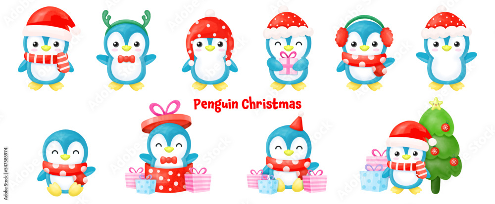 Penguin christmas Watercolor Clipart, merry christmas Stock Vector ...