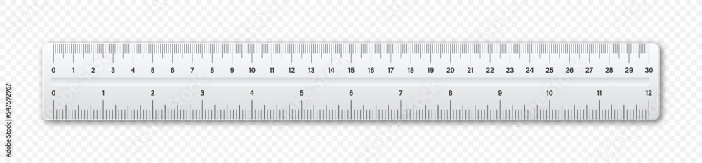 Realistic plastic ruler with measurement scale and divisions, measure ...