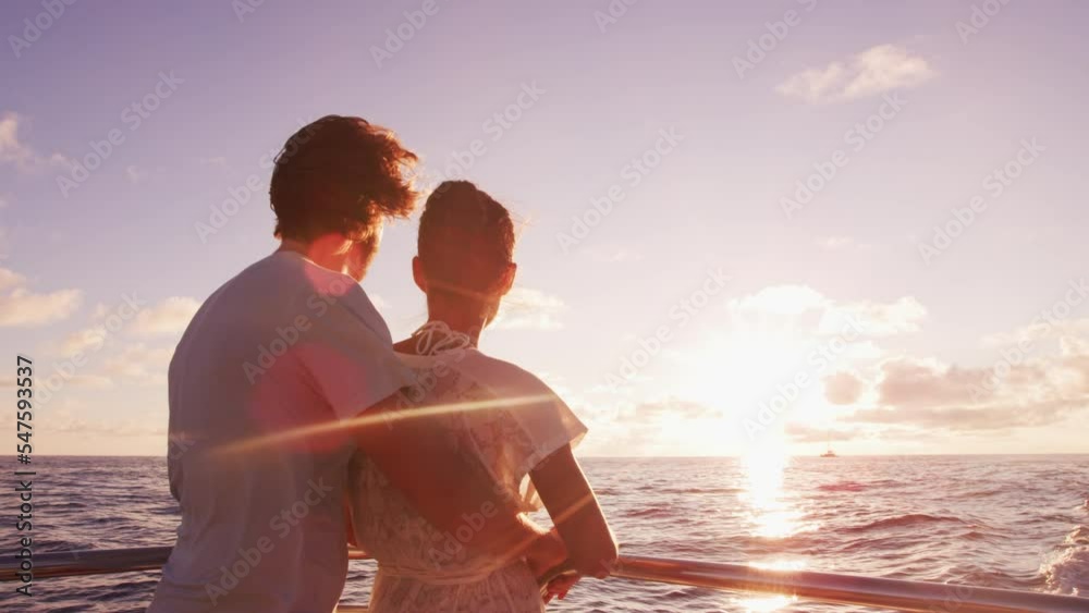 Cruise ship travel vacation video. Couple enjoying view of sunset ...