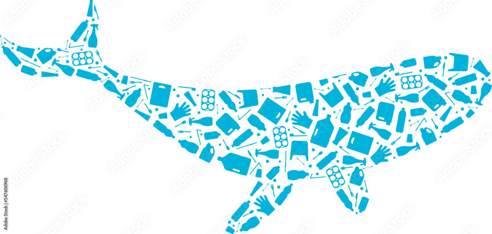 Stop ocean plastic pollution concept vector illustration. Whale marine ...