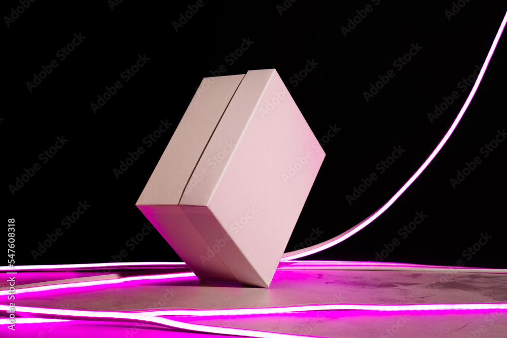 Square gift box mockup, led neon lights modern staging, dark backdrop ...