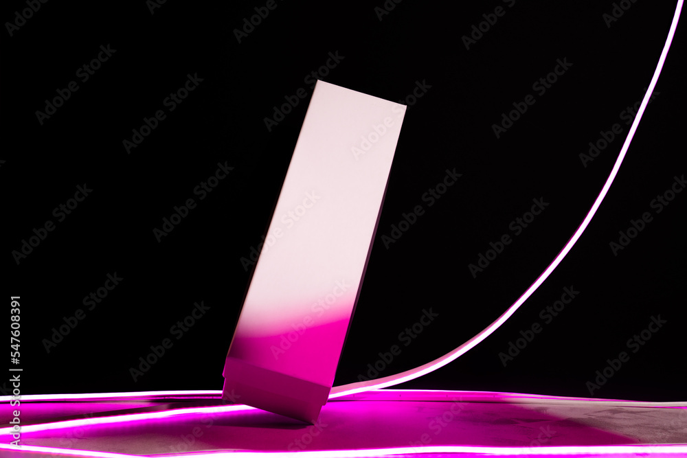 Square gift box mockup, led neon lights modern staging, dark backdrop ...