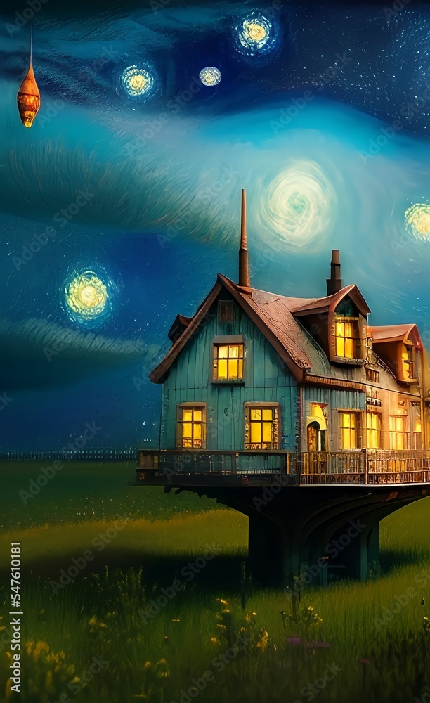 Starry sky night cartoon floating house above the ocean Stock ...