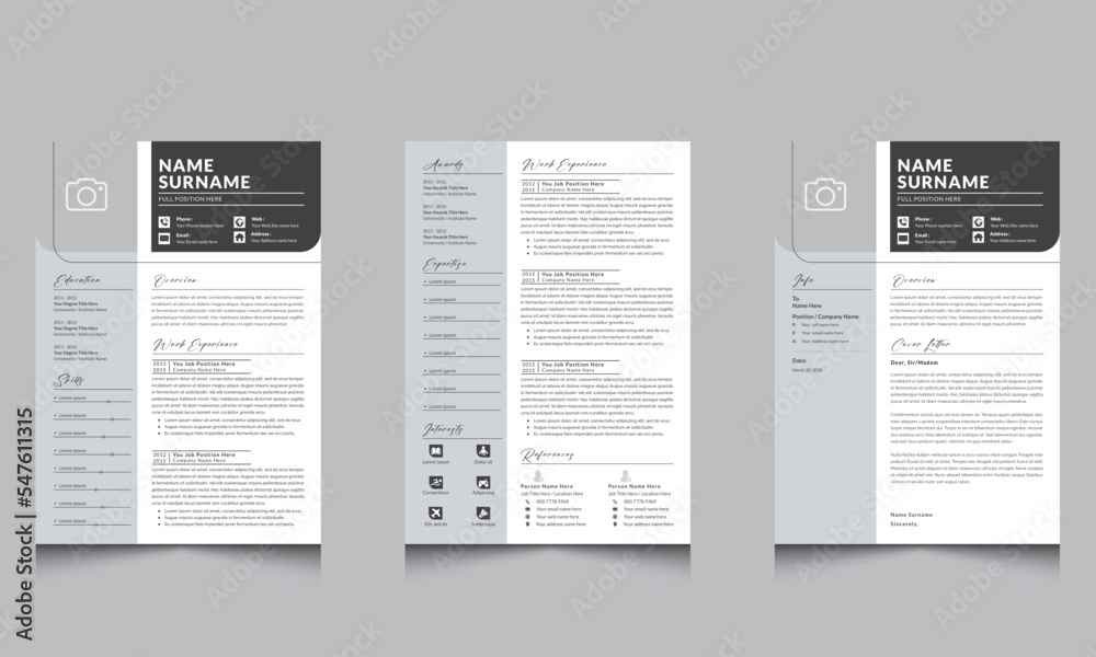 Resume CV Template Black and Gray Resume and Cover Letter Header Layout ...