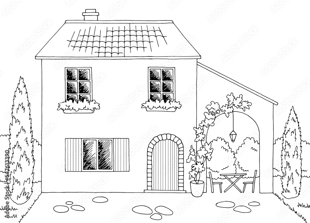 Italian villa house exterior building graphic black white sketch ...