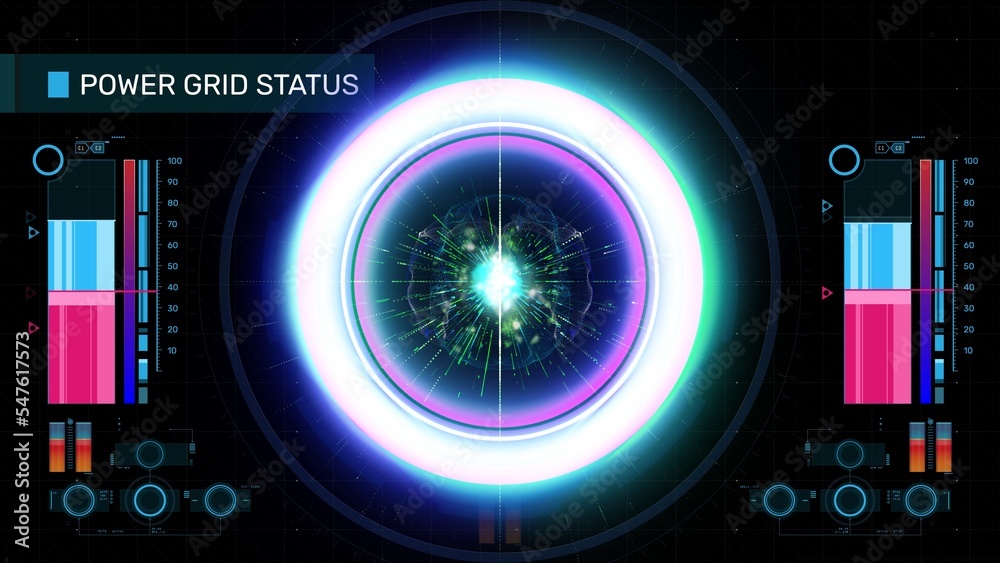 ภาพประกอบสต็อก Power grid status on screen, futuristic electric meter ...