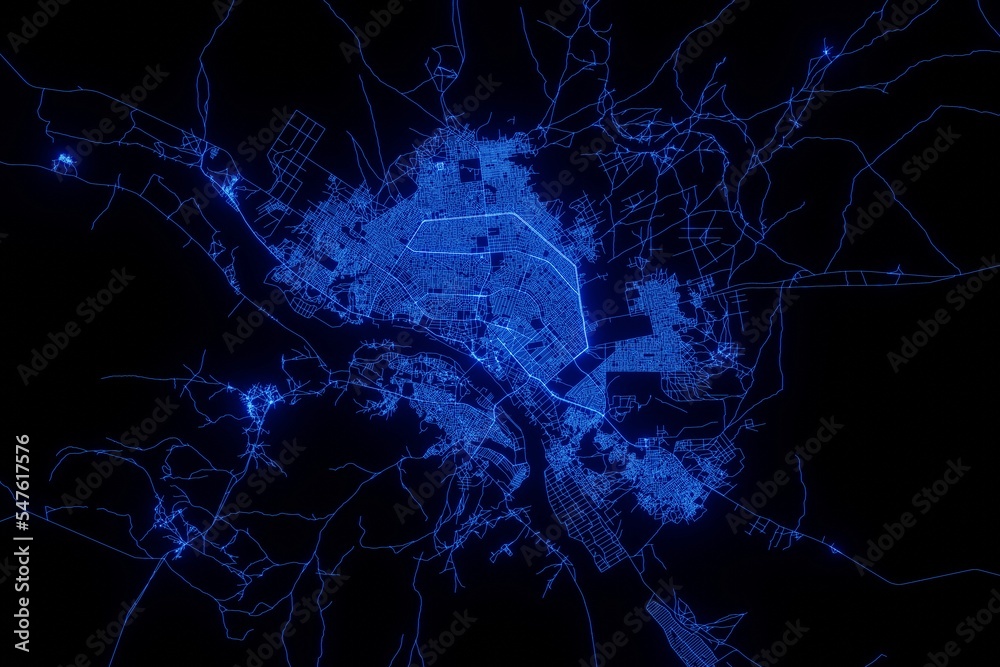 Street map of Niamey (Niger) made with blue illumination and glow ...