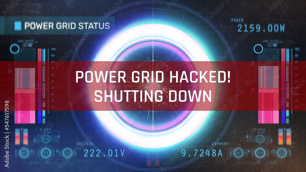 Power grid hacked, shutting down message on screen, futuristic electric ...
