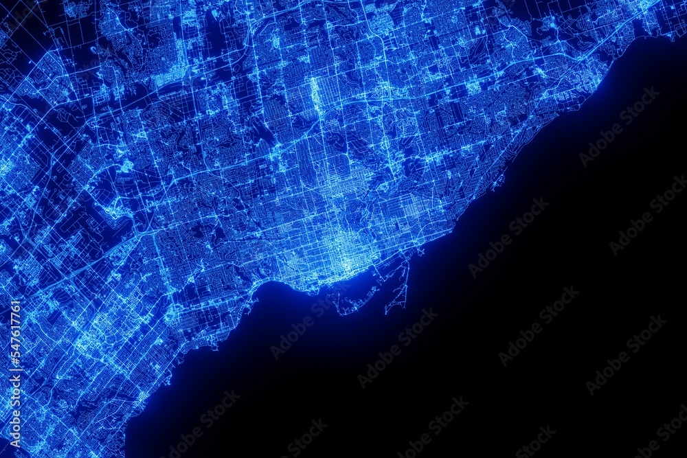 Street map of Toronto (Canada) made with blue illumination and glow ...