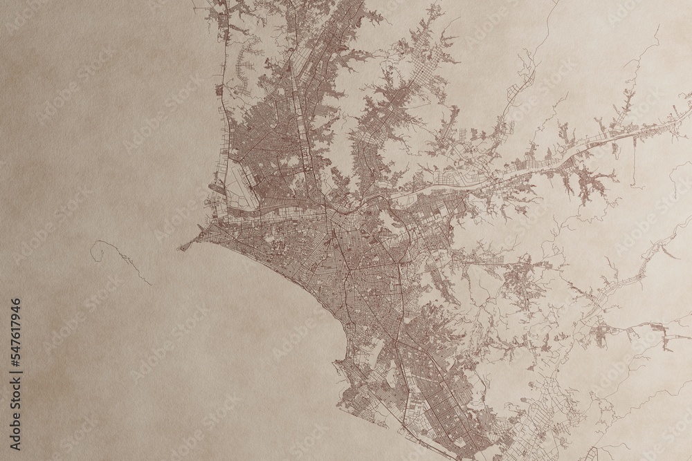 Map of Lima (Peru) on an old vintage sheet of paper. Retro style grunge ...