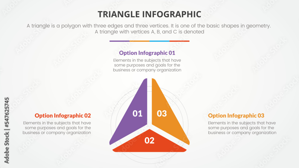 infographic triangle concept for slide presentation with 3 point list and center shape triangle ...